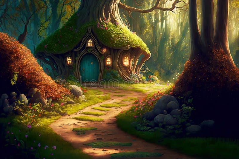 Fantasy and Magic Magical Forest Tree House Stock Illustration ...