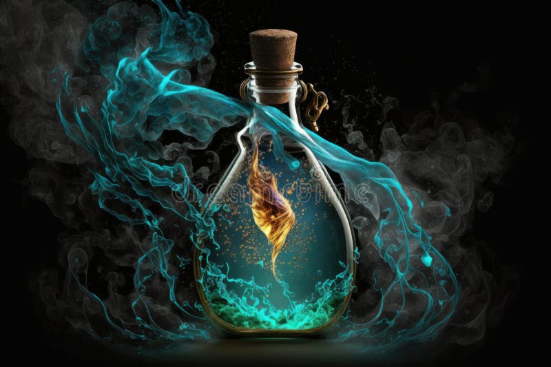 Fantasy Magic Potion in Bottle with Fire and Smoke on Black Background ...