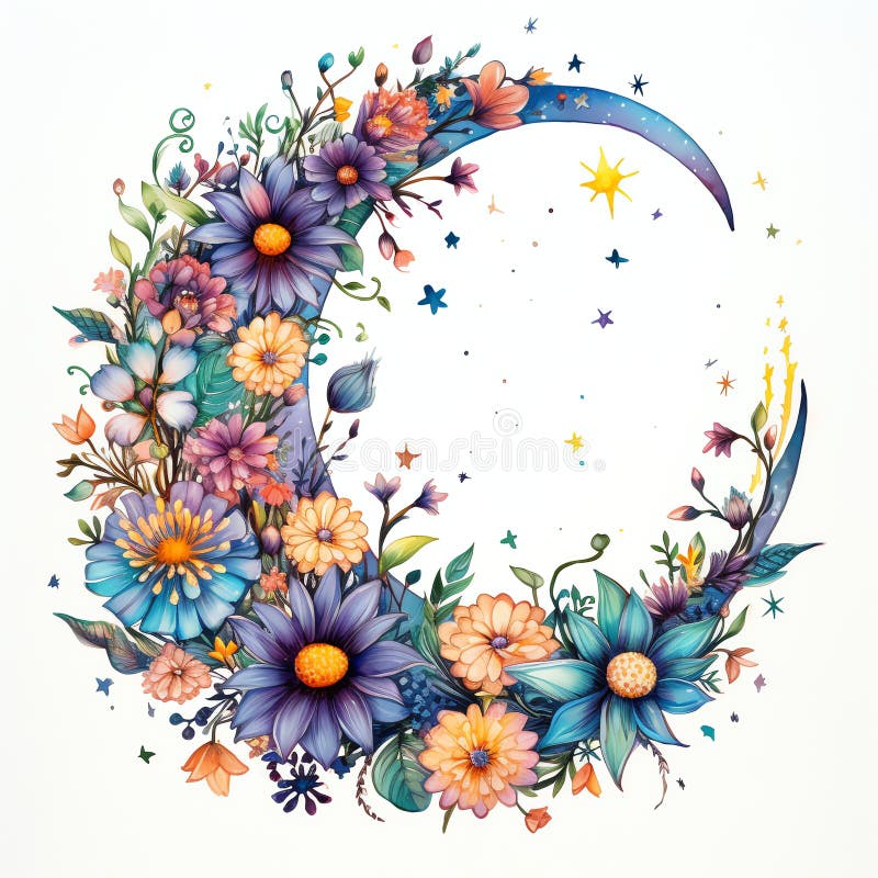 Fantasy Magical Whimsical Moon with Flowers Illustration Stock ...