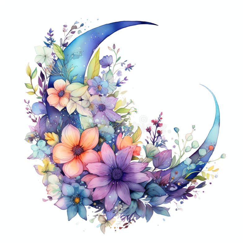 Fantasy Magical Whimsical Moon with Flowers Illustration Stock ...
