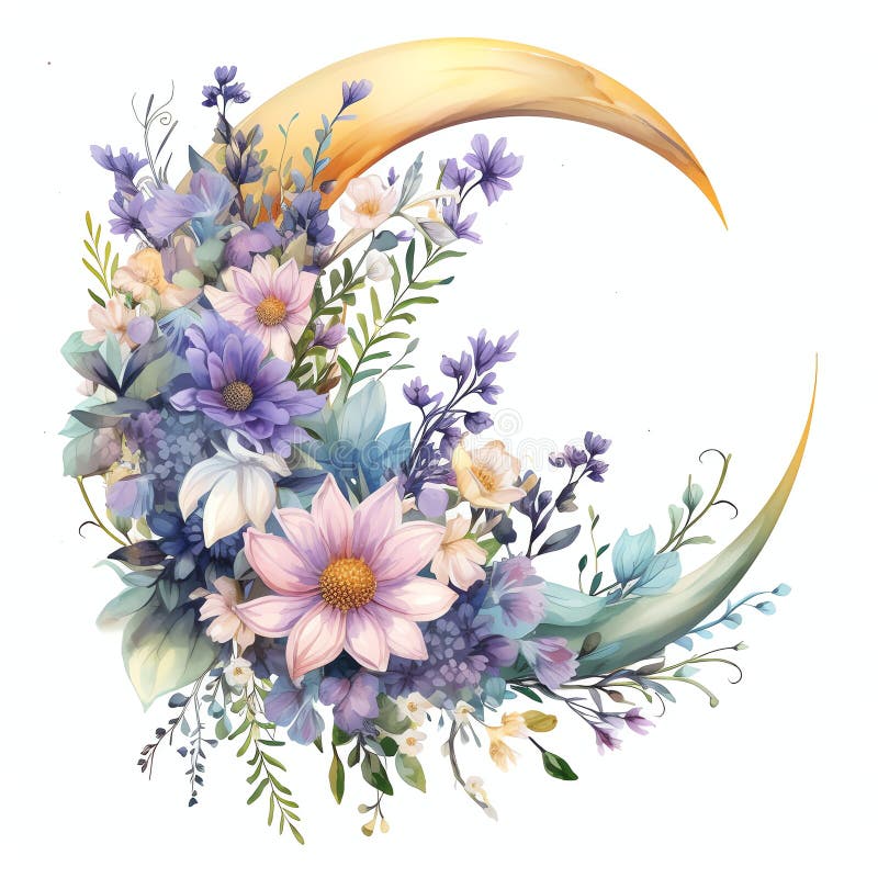Fantasy Magical Whimsical Moon with Flowers Illustration Stock ...