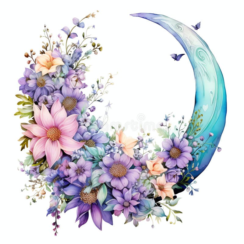 Fantasy Magical Whimsical Moon with Flowers Illustration Stock ...