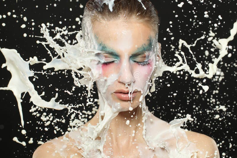 Fantasy Makeup of Beautiful Girl with Slow Motion Milk Splash Stock ...