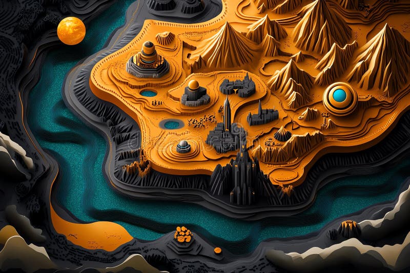Fantasy Map with 3D Mountains, Rivers, and Glowing Structures ...