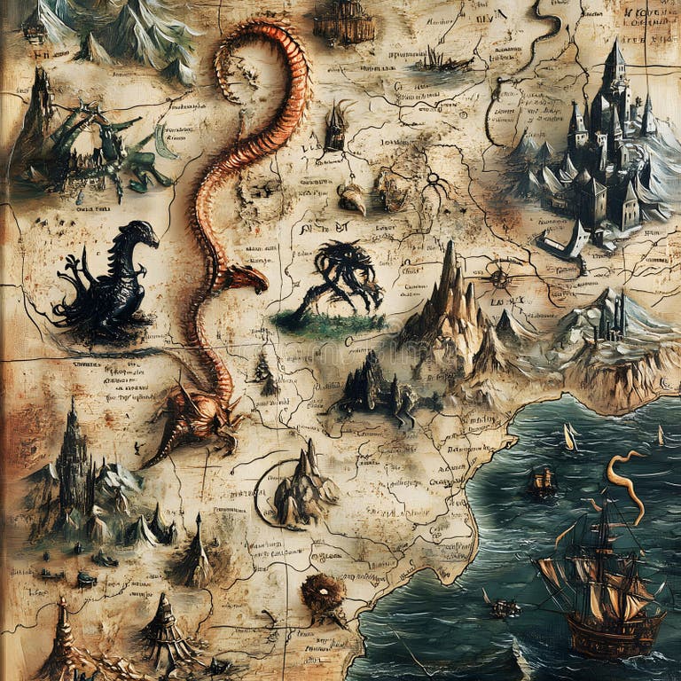 A Fantasy Map Featuring Mythical Creatures and Diverse Landscapes Stock ...