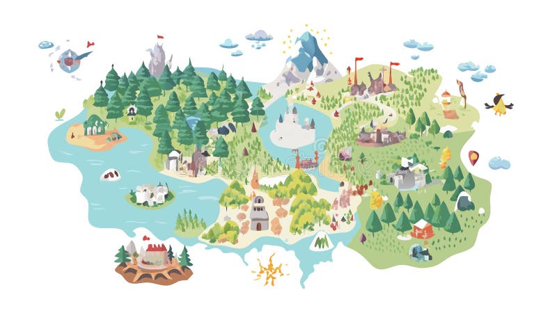Fantasy Map Island with Diverse Landmarks and Paths, Vector Design ...