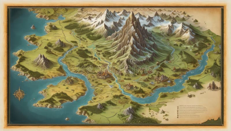 Fantasy Map of a Kingdom with Mountains, Rivers, and Coastline Stock ...
