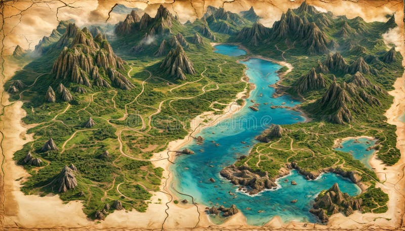 Fantasy Map. Game Landscape with Mountain Forest and River Stock ...