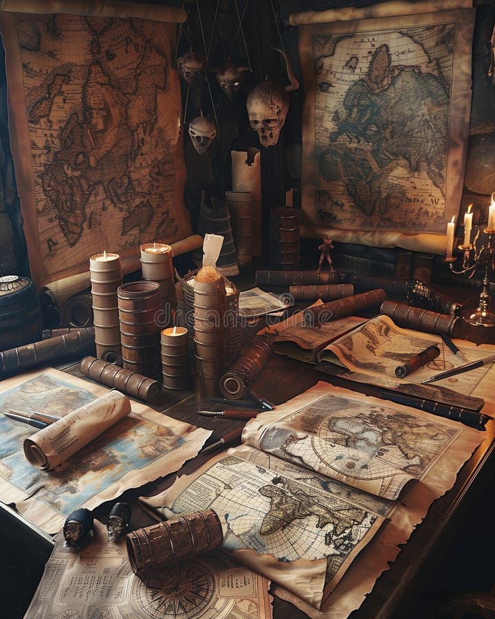 A Fantasy Map Makers Studio Filled with Scrolls Stock Illustration ...