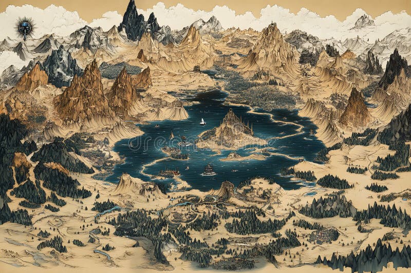 Fantasy Map: Mountains, Forests, Lake, and Ships Stock Illustration ...
