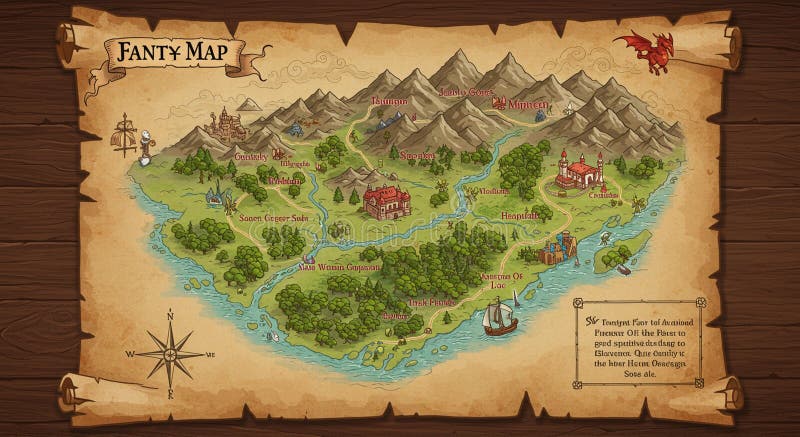 Fantasy Map with a Parchment-style Background Depicting a Fictional ...