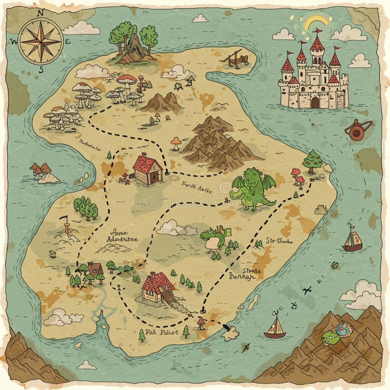 Fantasy Map Resembling an Island with Illustrated Whimsical Elements ...