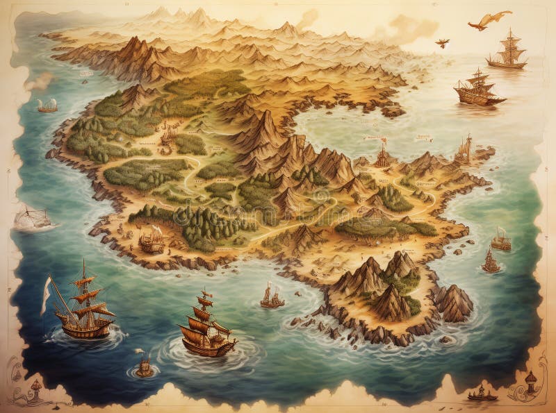 A Fantasy Map of a Sea with Islands, Coastlines, and Treasure. Stock ...