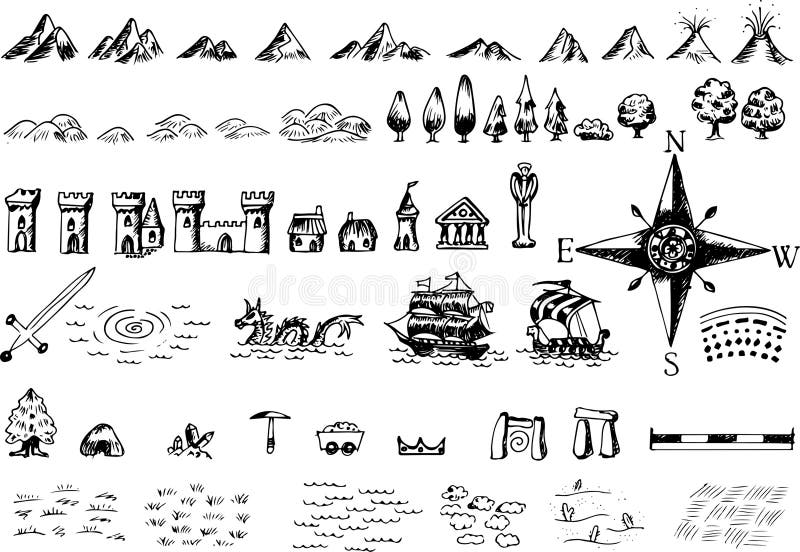 Fantasy Map Symbols Hand Draw in Black and White of Mythical Times ...