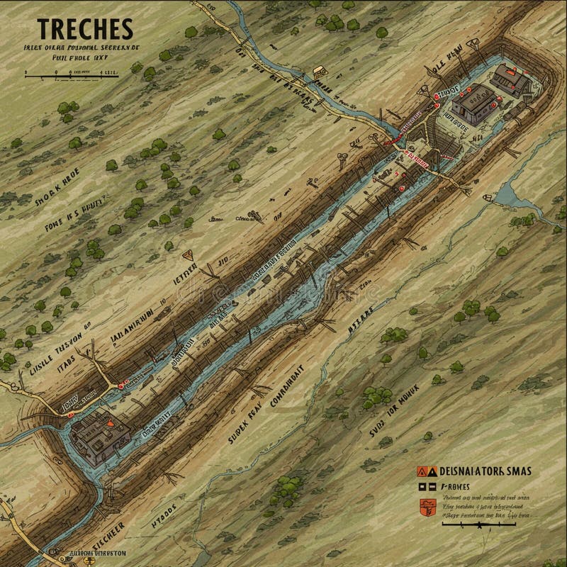 Fantasy Map of a Trench System with Structures Labeled in a Fictional ...