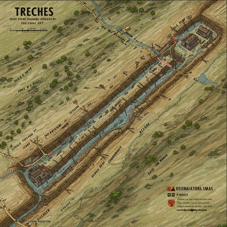 Fantasy Map of a Trench System with Structures Labeled in a Fictional ...