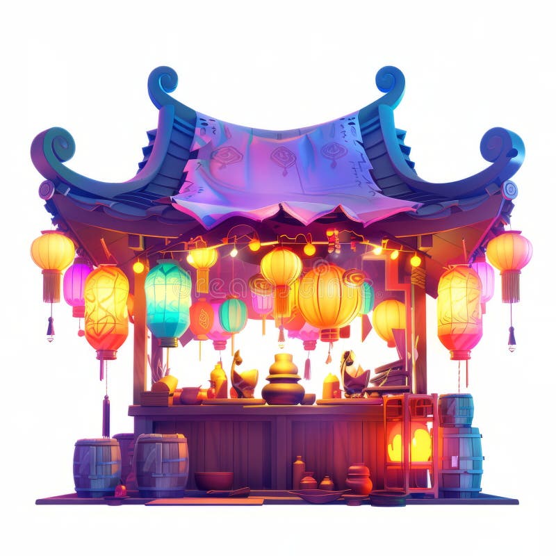 Fantasy Market, with Stalls Glowing and Lanterns Casting Colorful Light ...