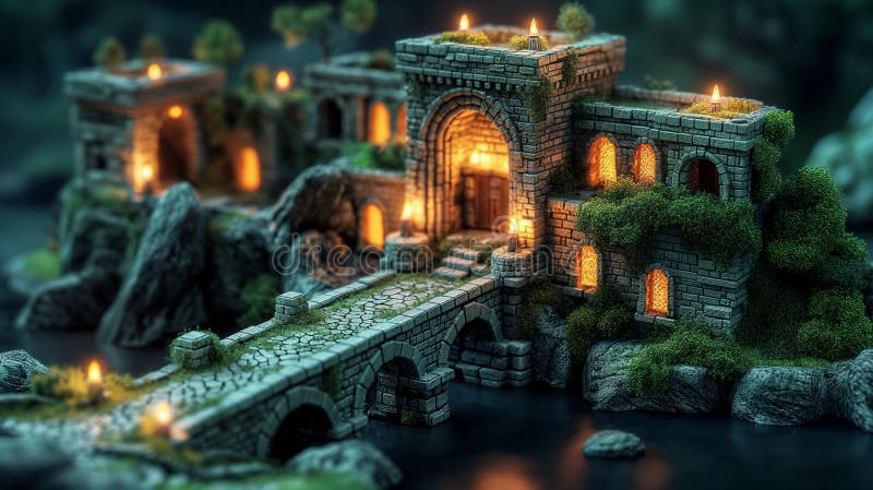 Fantasy Medieval Castle with Illuminated Windows and Surrounding ...
