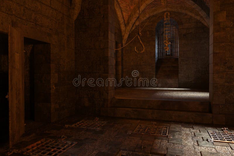 3D Illustration of a Dark Medieval Underground Dungeon with Cage ...