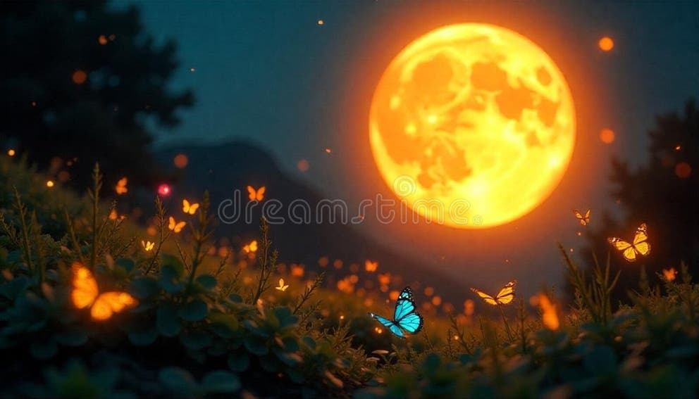Fantasy Moonlight with Colourful Butterflies and Fireflies Stock ...