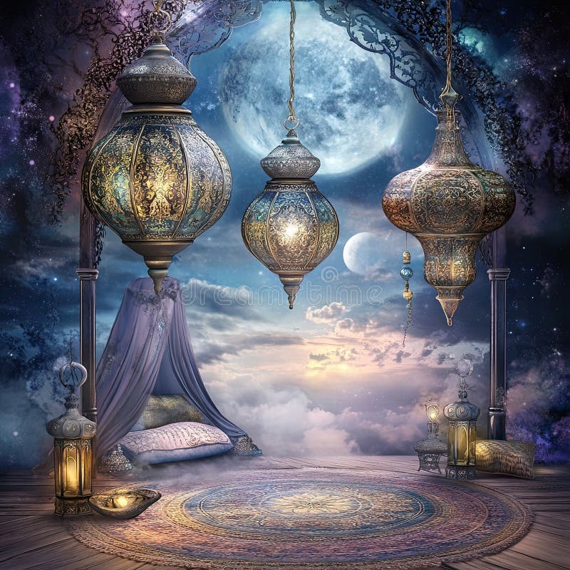 Fantasy Moonlit Night Scene with Lanterns and a Bed Stock Illustration ...
