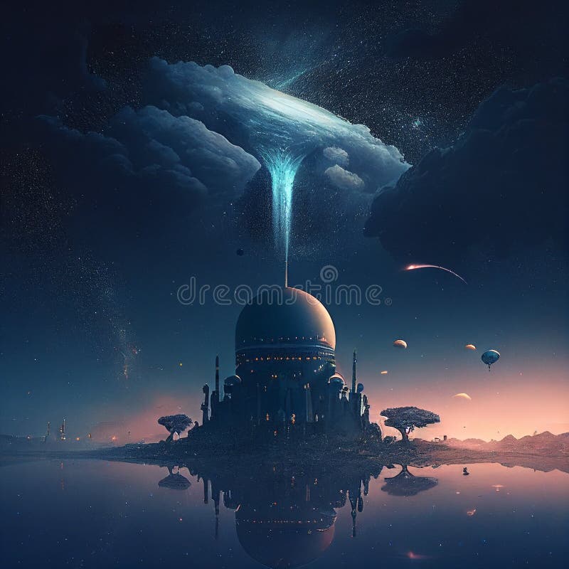 Fantasy Mosque Near the Lake Stock Illustration - Illustration of ...