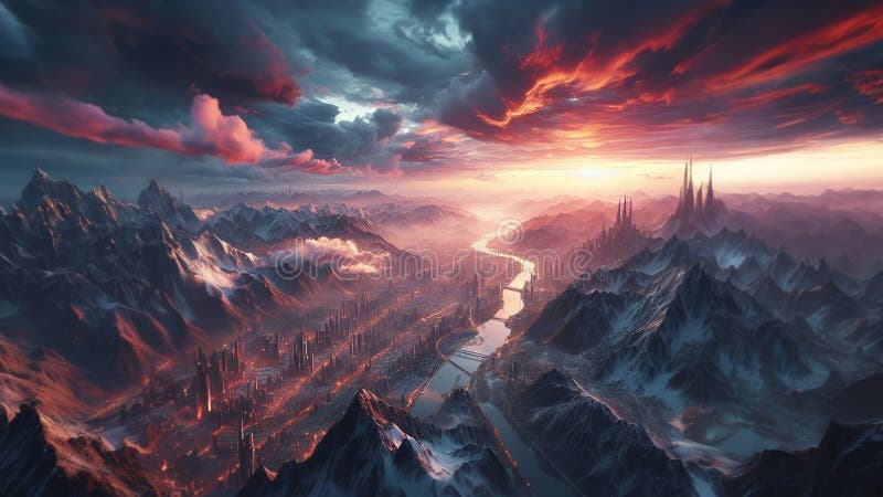 Fantasy Mountain City at Sunset - AI Generated Illustration, Realistic ...