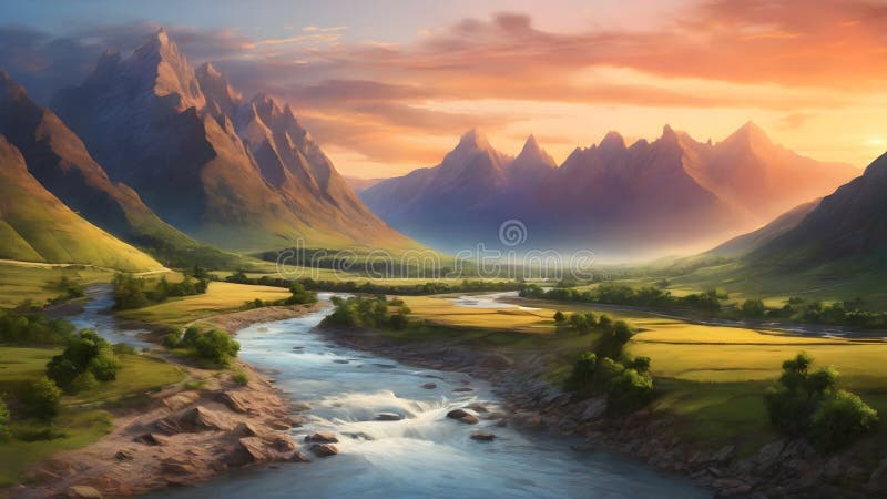 Fantasy Mountain Landscape with River and High Peaks. Digital Painting ...