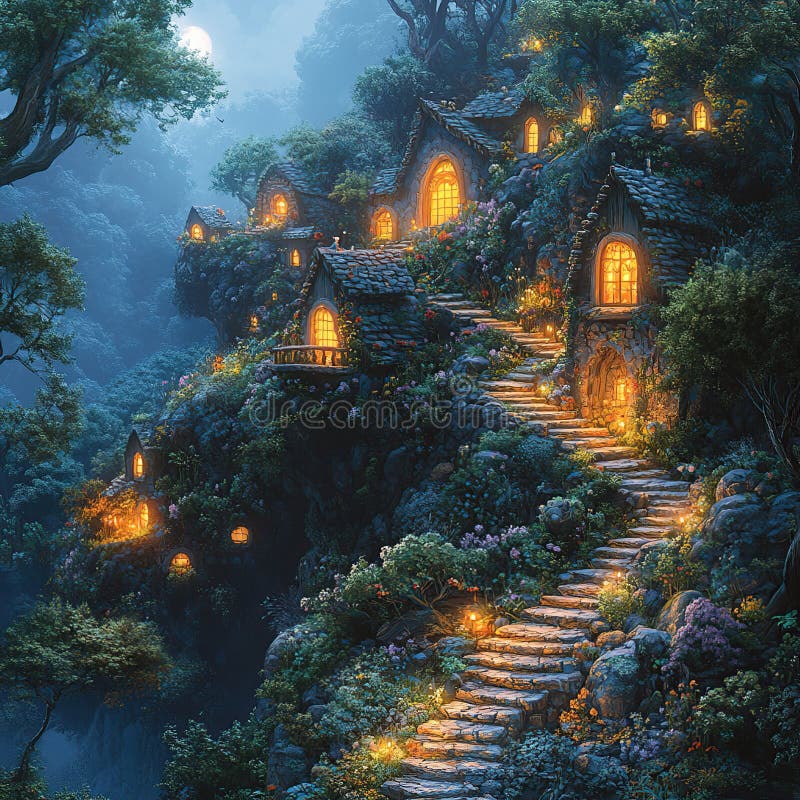 Fantasy Mountain Village at Night Stock Illustration - Illustration of ...