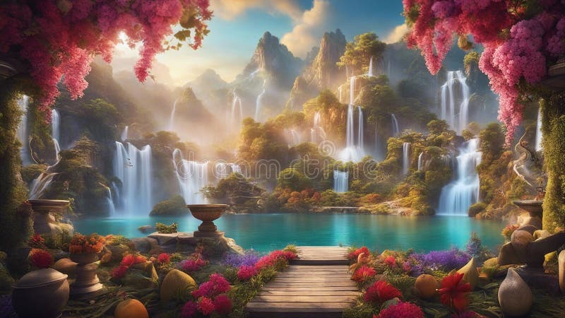 Fantasy Mural of a Mythical Landscape, with Exotic Flowers, Multi ...
