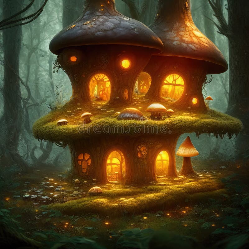 Fantasy Mushroom-like Cottage Growing in Magical Forest Stock ...
