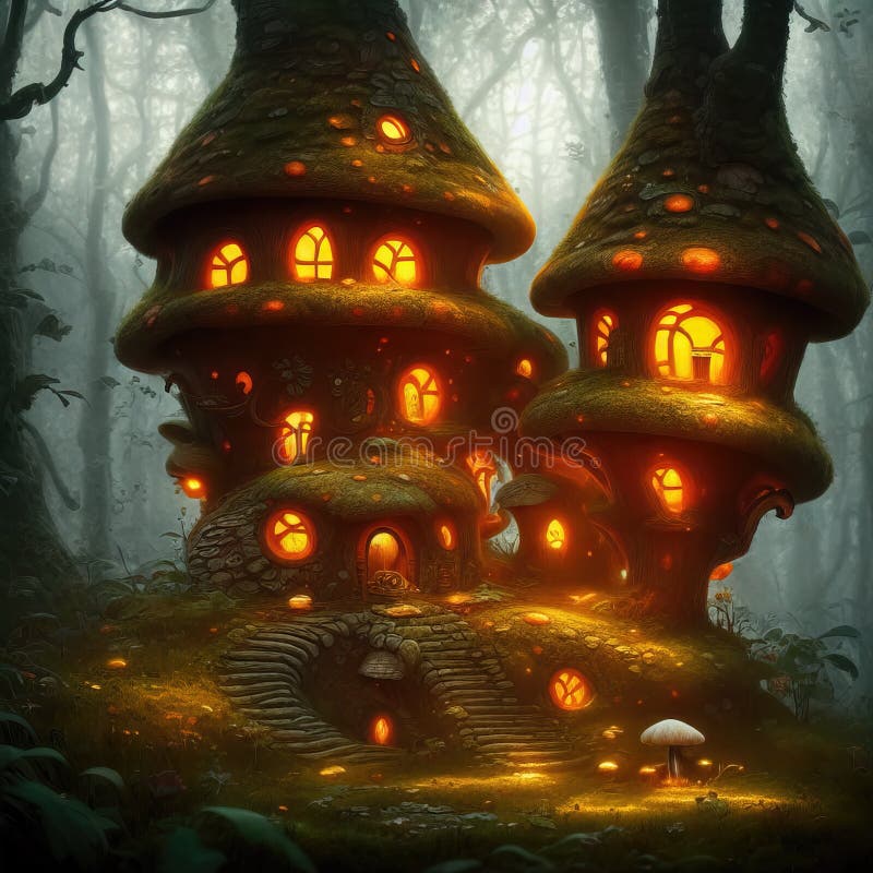 Fantasy Mushroom-like House Growing in Magical Forest Stock ...