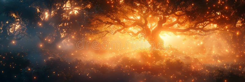 Fantasy Mystical Forest with Glowing Fire and Sunlight. Magical ...