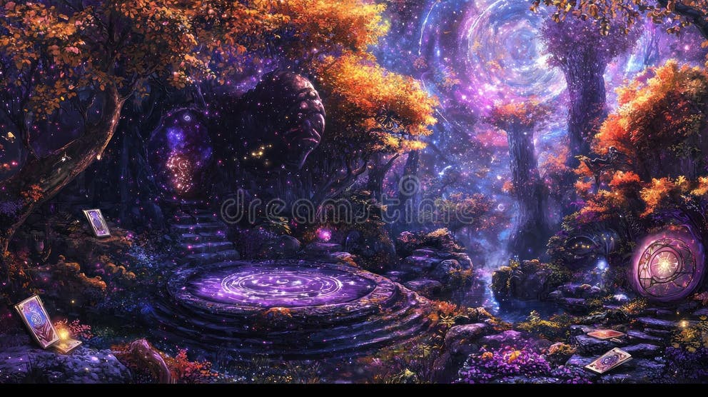 Fantasy Mystical Forest Scene with Glowing Altar Stock Illustration ...