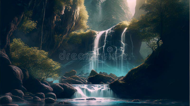 Fantasy Natural Environment Waterfall Stock Illustration - Illustration ...