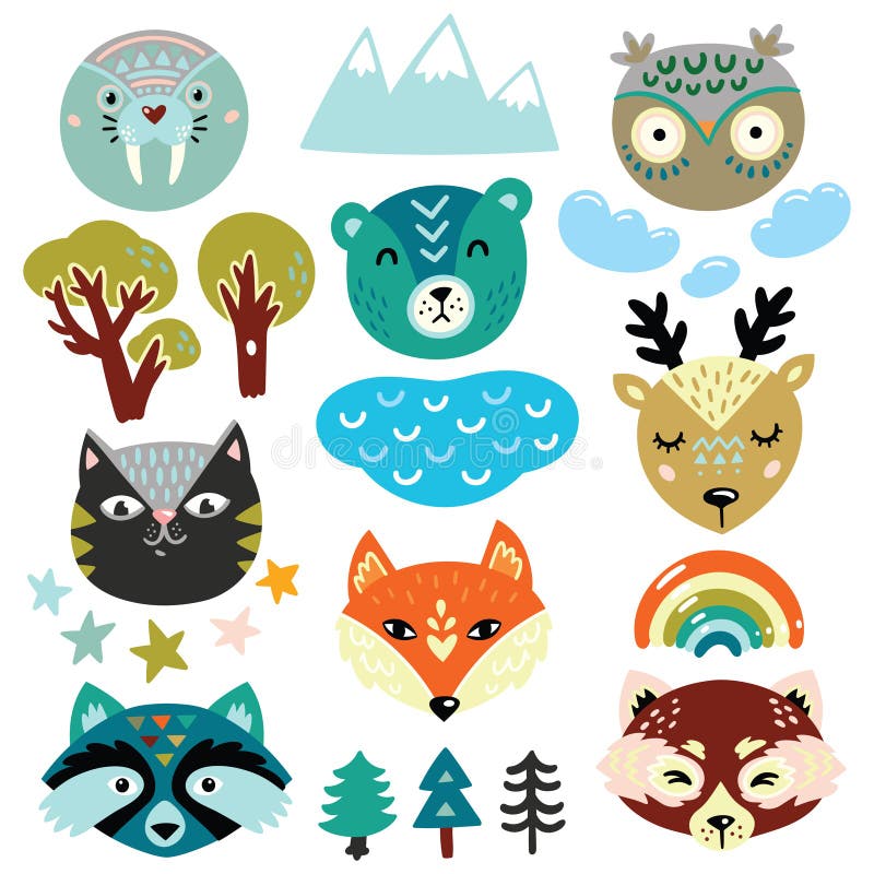 Fantasy Nature Elements and Animals Heads Collection in Vector Stock ...