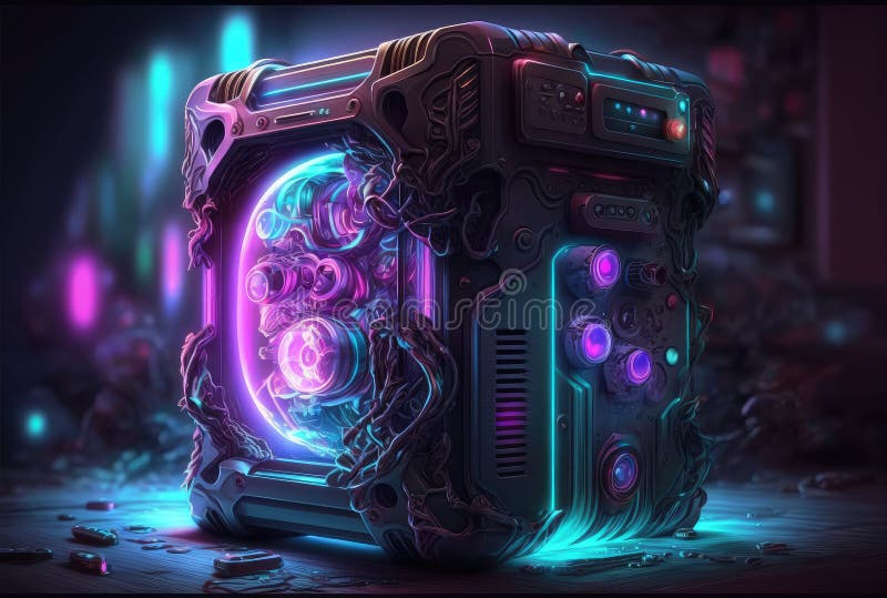 Fantasy Neon Computer System Unit. Generative AI Stock Image - Image of ...