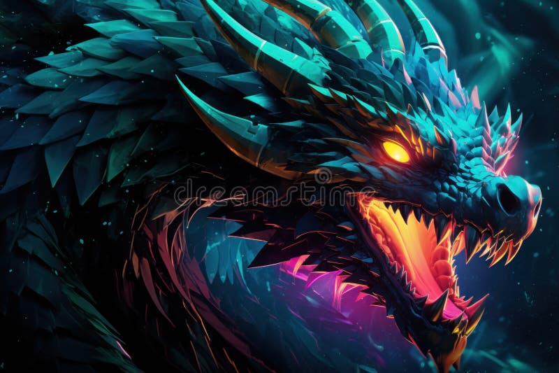 Fantasy Neon Dragon. Fantasy Dragon Head with Glowing Eyes Stock Image ...
