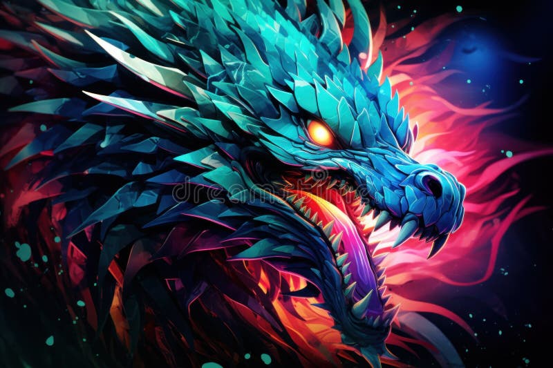 Fantasy Neon Dragon. Fantasy Dragon Head with Glowing Eyes Stock Image ...
