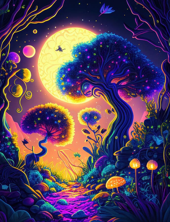 Fantasy of Neon Forest Glowing Colorful Like Fairytale. (Created with ...