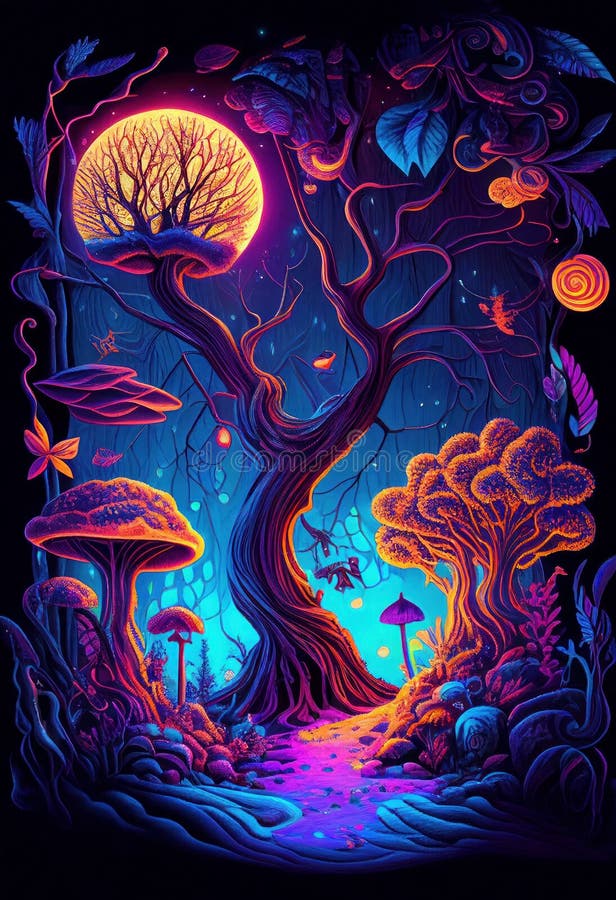 Fantasy of Neon Forest Glowing Colorful Like Fairytale. (Created with ...