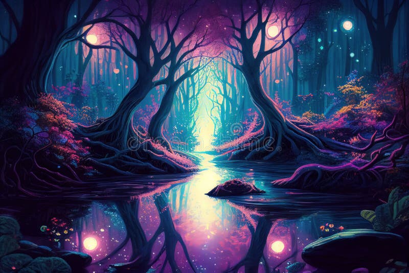 Fantasy of Neon Light Forest Glowing Colorful Like Fairytale Created ...