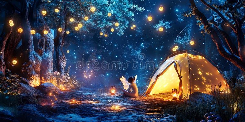 Fantasy Night Camping Scene with Glowing Fireflies Wallpaper Background ...
