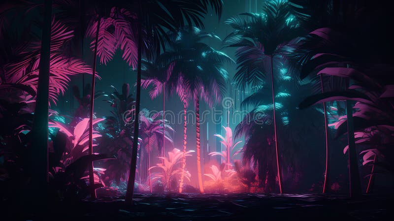 Illustration Fantasy of Neon Forest. Glowing Colorful Look Like ...