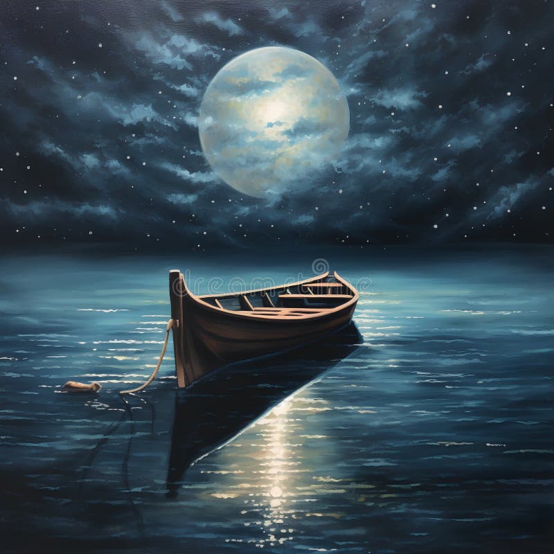 Fantasy Night Landscape with Boat and Full Moon. 3D Rendering Stock ...
