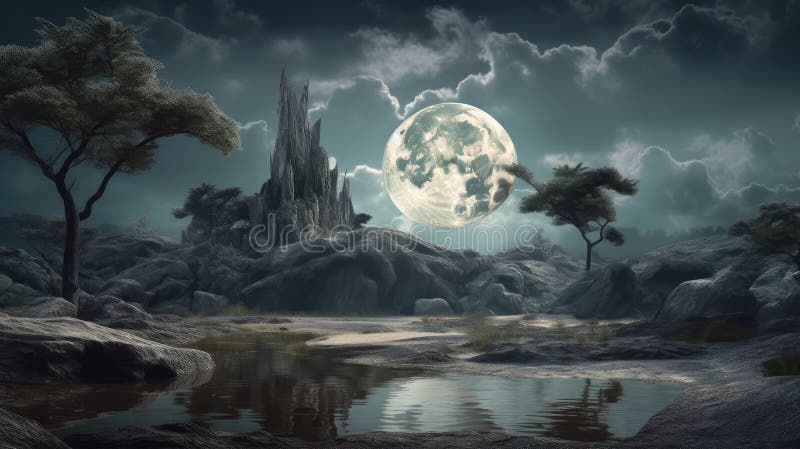 Fantasy Night Landscape with Full Moon. Generative AI Stock ...