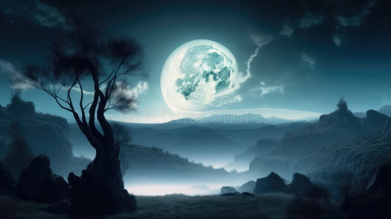 Fantasy Night Landscape with Full Moon. Generative AI Stock ...