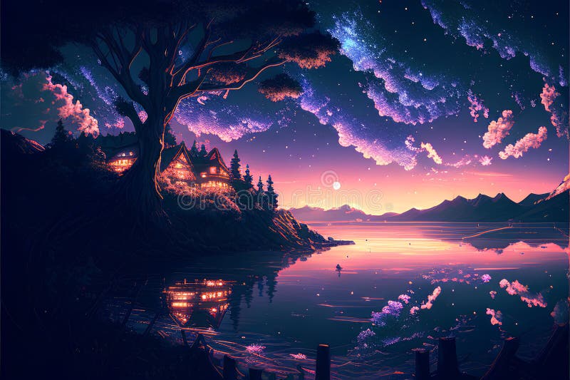 Fantasy Night Landscape with House on the Lake. Vector Illustration ...