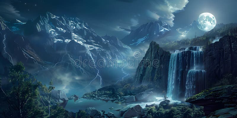 Fantasy Night Landscape with Moon Stock Photo - Image of full ...