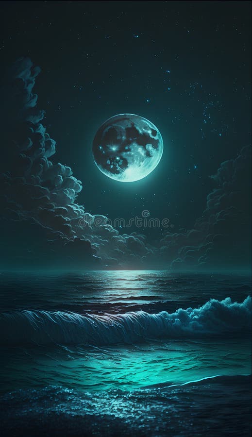 Fantasy Night Landscape with Moon and Sea. 3D Illustration Stock ...